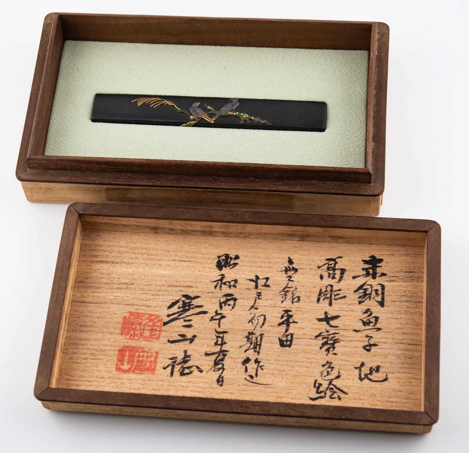 Cloisonne inlay Kozuka Hirata Shippo Birds in the willow tree - Tsuba.info