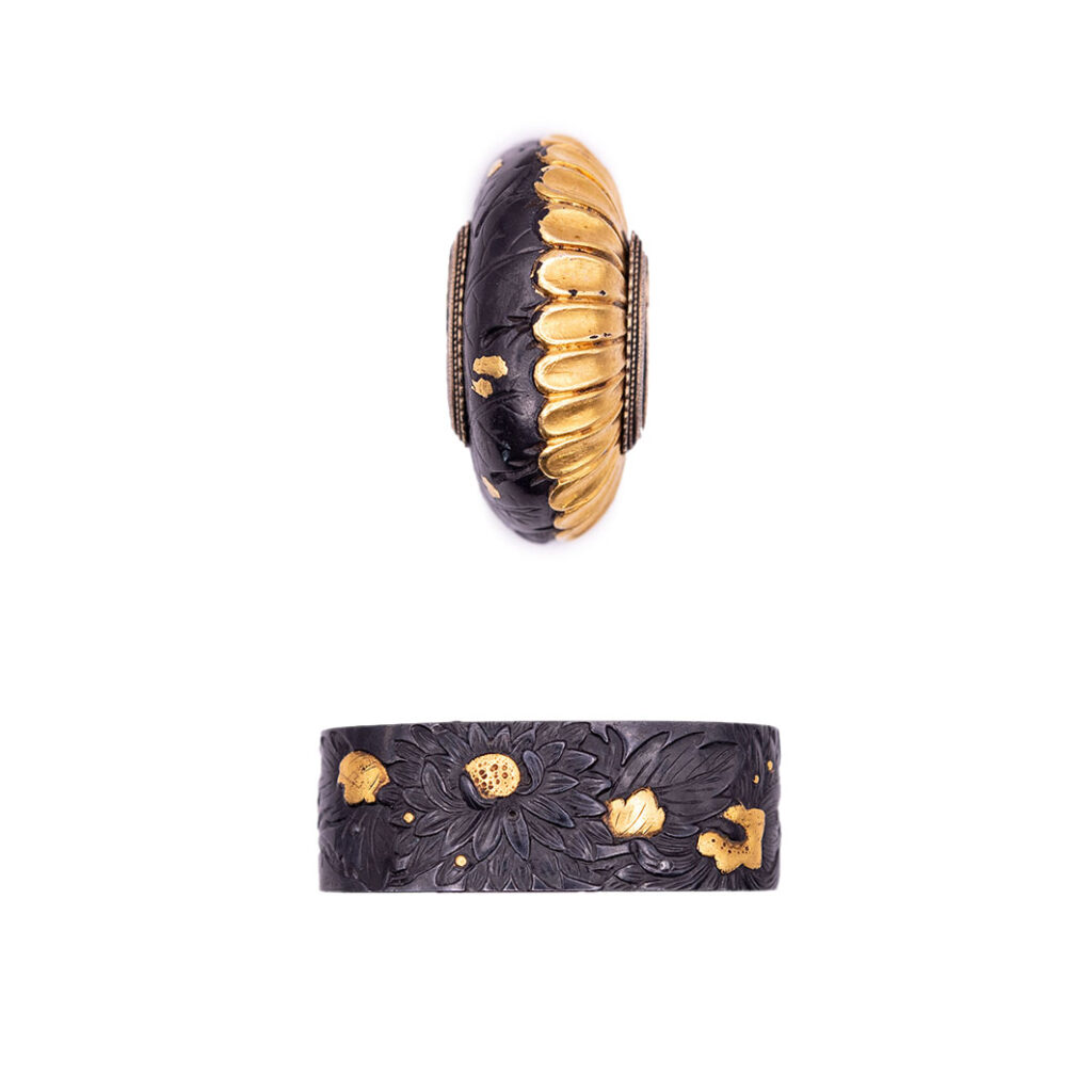 A Fuchi and Kurikata in Kiku Design - Tsuba.info